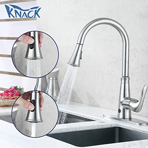 Touchless Kitchen Faucet with Pull Down Spray Head, Two Sensors Single Handle High Arc 2-Function Kitchen Sink Faucets with Pull Out Sprayer, 1&4 Hole Deck Mount, Brushed Nickel PVD,KNACK