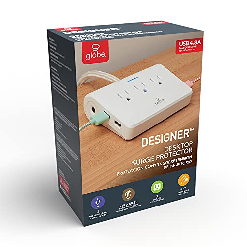 GLOBE Designer Series 3-Outlet USB Surge Protector Desktop Power Strip, 4x USB Ports, 3 Grounded Outlets, 6ft Fabric Power Cord, Reset Button, White Finish,78428