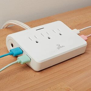 GLOBE Designer Series 3-Outlet USB Surge Protector Desktop Power Strip, 4x USB Ports, 3 Grounded Outlets, 6ft Fabric Power Cord, Reset Button, White Finish,78428