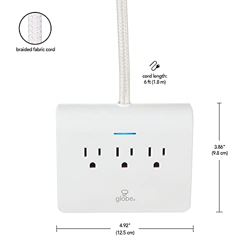 GLOBE Designer Series 3-Outlet USB Surge Protector Desktop Power Strip, 4x USB Ports, 3 Grounded Outlets, 6ft Fabric Power Cord, Reset Button, White Finish,78428