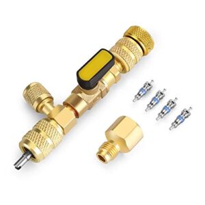 wadeo valve core remover installer tool with dual size sae 1/4 & 5/16 port, 4 valve cores with teflon seal, compatible with r22 r12 r407 r410 r404 r32 r600 a/c