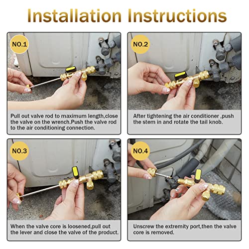 WADEO Valve Core Remover Installer Tool with Dual Size SAE 1/4 & 5/16 Port, 4 Valve Cores with Teflon Seal, Compatible with R22 R12 R407 R410 R404 R32 R600 A/C