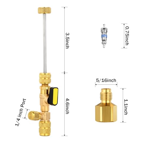 WADEO Valve Core Remover Installer Tool with Dual Size SAE 1/4 & 5/16 Port, 4 Valve Cores with Teflon Seal, Compatible with R22 R12 R407 R410 R404 R32 R600 A/C