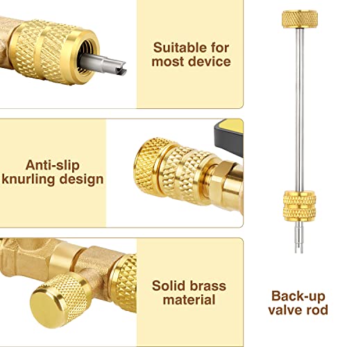 WADEO Valve Core Remover Installer Tool with Dual Size SAE 1/4 & 5/16 Port, 4 Valve Cores with Teflon Seal, Compatible with R22 R12 R407 R410 R404 R32 R600 A/C