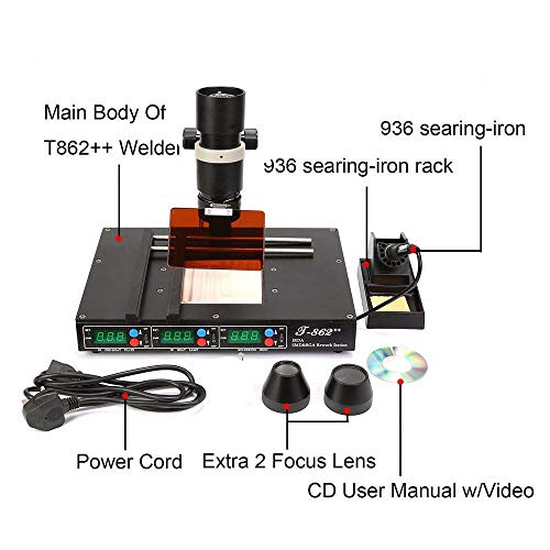 T862 BGA Rework Station 800W IR Infrared BGA Preheater Soldering Station SMD Rework Solder Station IRDA Welder Machine with PCB Holder, Lamp, 1.1'' 1.5'' 1.9'' 3pcs Lenses and More