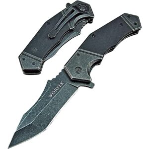 vortek sprocket: black g10 handles, ball bearing pivot system, 8cr13mov drop point blade, great everyday carry knife edc with stainless steel pommel