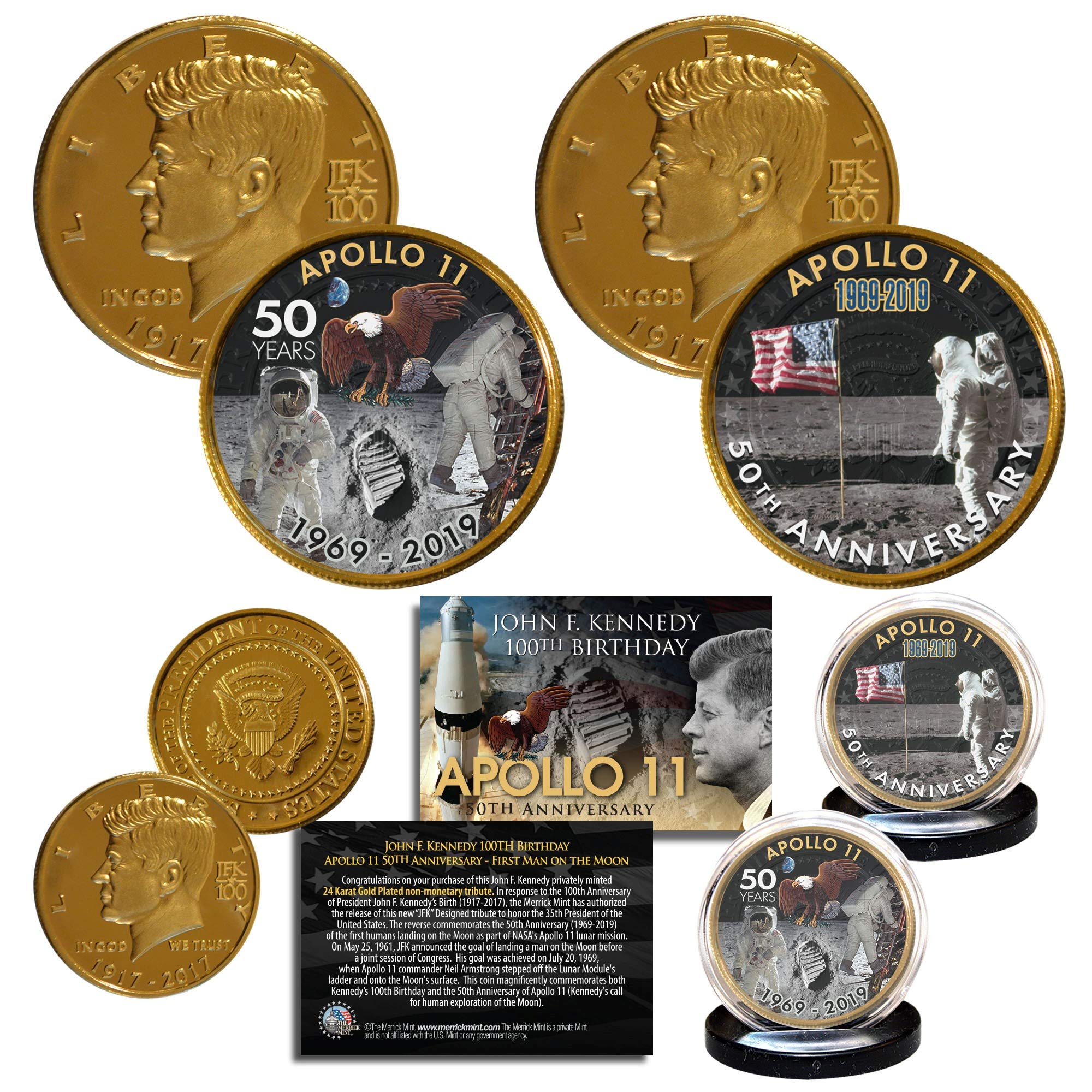 Apollo 11 50th Anniversary 1st Man on Moon JFK 100 Bday 24K Gold Clad 2-Coin Set