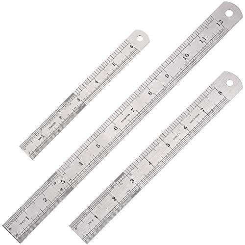 Elisel 3 PCS Stainless Steel Ruler Set with Inch and Metric Graduation, 12 Inch, 8 Inch and 6 Inch(Silvery)