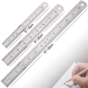 Elisel 3 PCS Stainless Steel Ruler Set with Inch and Metric Graduation, 12 Inch, 8 Inch and 6 Inch(Silvery)