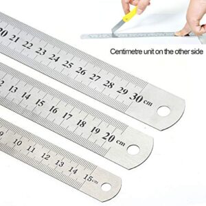 Elisel 3 PCS Stainless Steel Ruler Set with Inch and Metric Graduation, 12 Inch, 8 Inch and 6 Inch(Silvery)