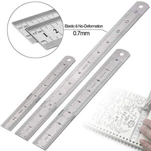 Elisel 3 PCS Stainless Steel Ruler Set with Inch and Metric Graduation, 12 Inch, 8 Inch and 6 Inch(Silvery)