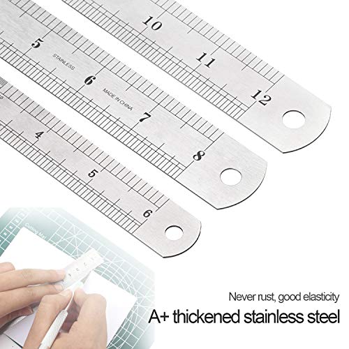 Elisel 3 PCS Stainless Steel Ruler Set with Inch and Metric Graduation, 12 Inch, 8 Inch and 6 Inch(Silvery)