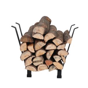 PHI VILLA 17 Inches Small Indoor/Outdoor Firewood Log Rack Log Hoop Bin Log Carrier for Firewood with Scrolls Fireplace Accessories,Decorative Black