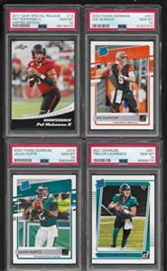 patrick"pat" mahomes limited edition joe burrow jalen hurts trevor lawrence donruss & leaf 4 card rookie lot graded psa gem mint 10 nfl superstar quarterbacks