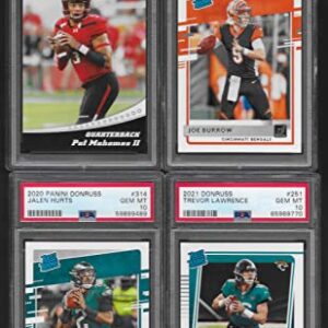 PATRICK"PAT" MAHOMES LIMITED EDITION JOE BURROW JALEN HURTS TREVOR LAWRENCE DONRUSS & LEAF 4 CARD ROOKIE LOT GRADED PSA GEM MINT 10 NFL SUPERSTAR QUARTERBACKS