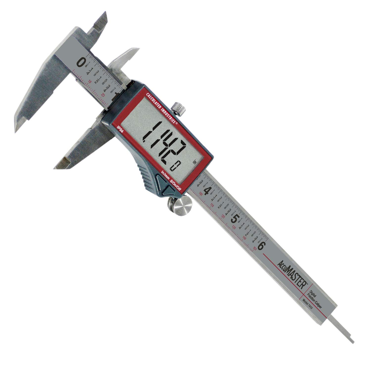 Calculated Industries 7410 AccuMASTER 6-Inch Digital Caliper, Fractional (1/64ths) + Inch + Metric with Largest Display Digits for Woodworkers | Stainless Steel | IP54 Splash/Dust Resistant | Auto-Off