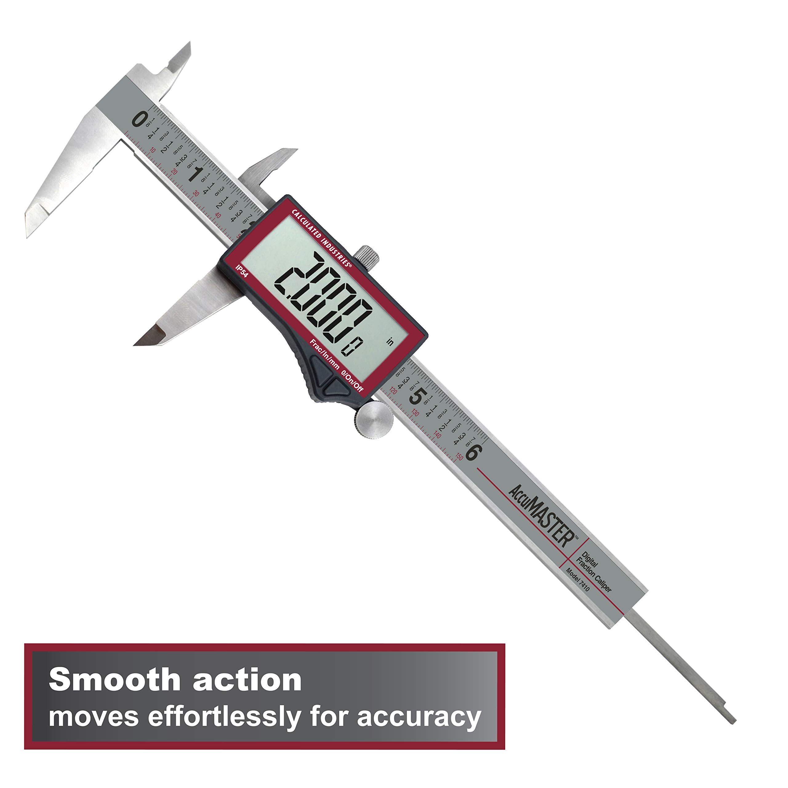 Calculated Industries 7410 AccuMASTER 6-Inch Digital Caliper, Fractional (1/64ths) + Inch + Metric with Largest Display Digits for Woodworkers | Stainless Steel | IP54 Splash/Dust Resistant | Auto-Off