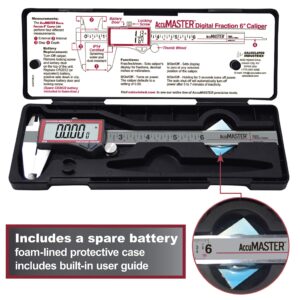 Calculated Industries 7410 AccuMASTER 6-Inch Digital Caliper, Fractional (1/64ths) + Inch + Metric with Largest Display Digits for Woodworkers | Stainless Steel | IP54 Splash/Dust Resistant | Auto-Off