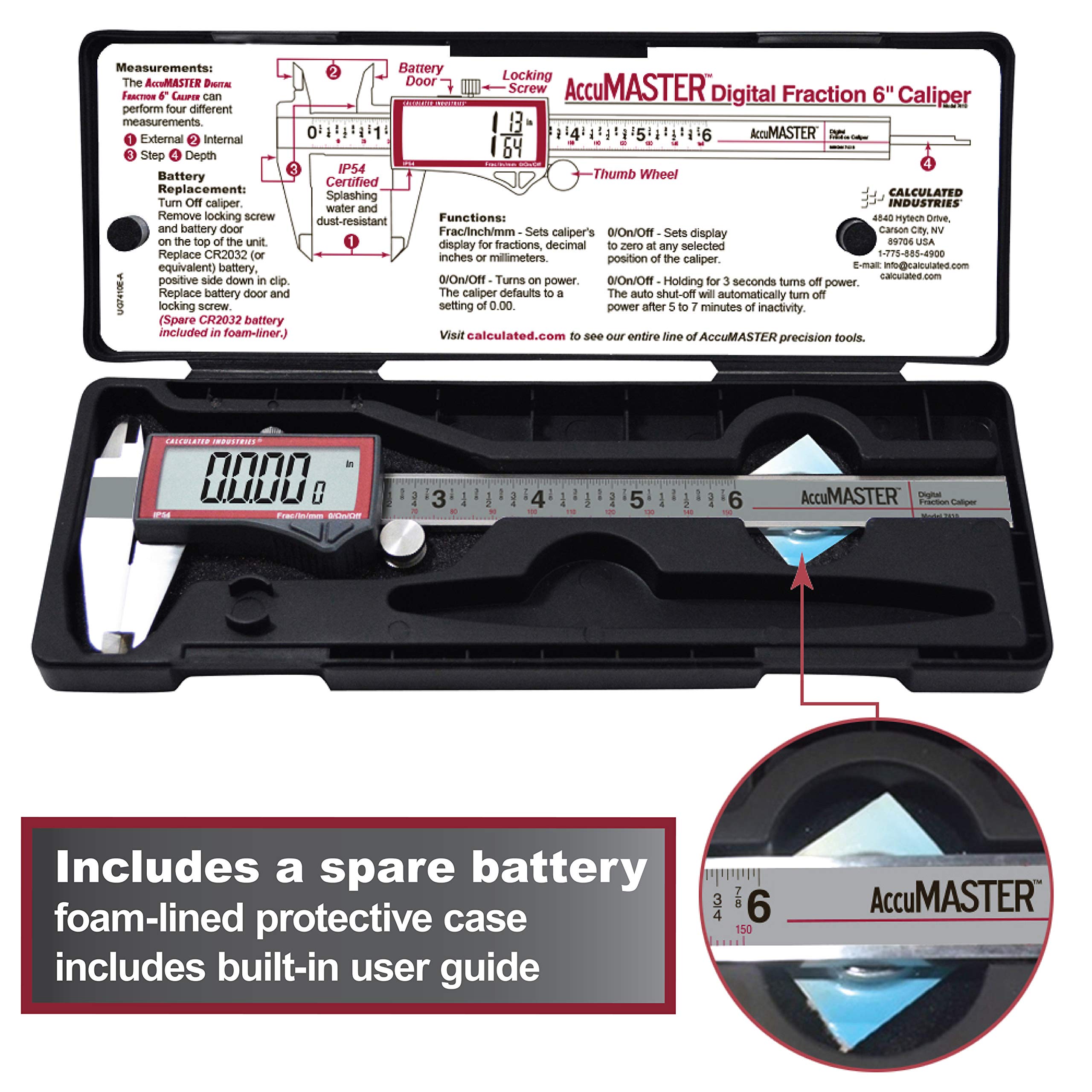 Calculated Industries 7410 AccuMASTER 6-Inch Digital Caliper, Fractional (1/64ths) + Inch + Metric with Largest Display Digits for Woodworkers | Stainless Steel | IP54 Splash/Dust Resistant | Auto-Off