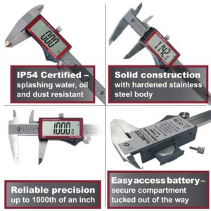 Calculated Industries 7410 AccuMASTER 6-Inch Digital Caliper, Fractional (1/64ths) + Inch + Metric with Largest Display Digits for Woodworkers | Stainless Steel | IP54 Splash/Dust Resistant | Auto-Off