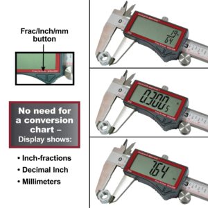 Calculated Industries 7410 AccuMASTER 6-Inch Digital Caliper, Fractional (1/64ths) + Inch + Metric with Largest Display Digits for Woodworkers | Stainless Steel | IP54 Splash/Dust Resistant | Auto-Off