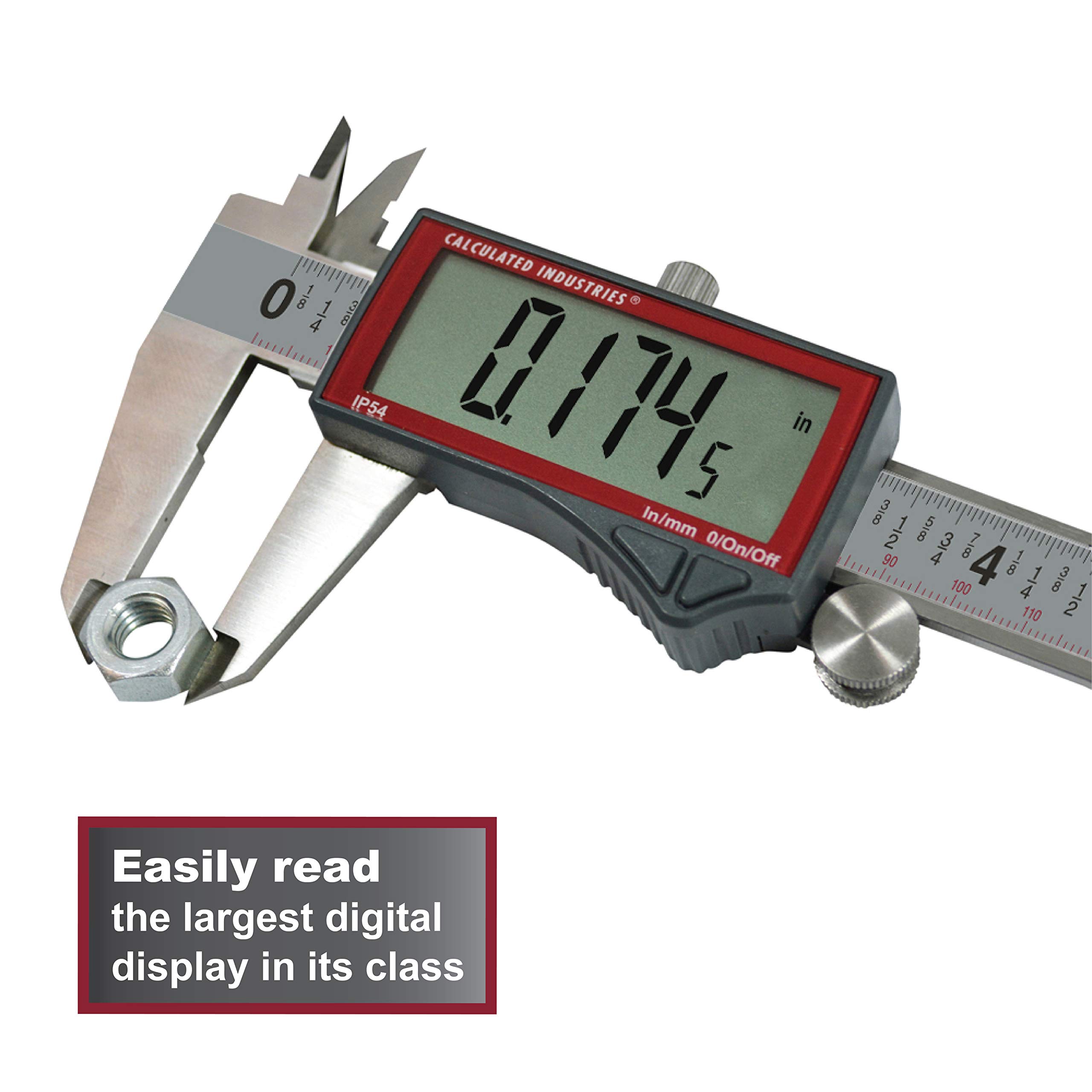 Calculated Industries 7410 AccuMASTER 6-Inch Digital Caliper, Fractional (1/64ths) + Inch + Metric with Largest Display Digits for Woodworkers | Stainless Steel | IP54 Splash/Dust Resistant | Auto-Off