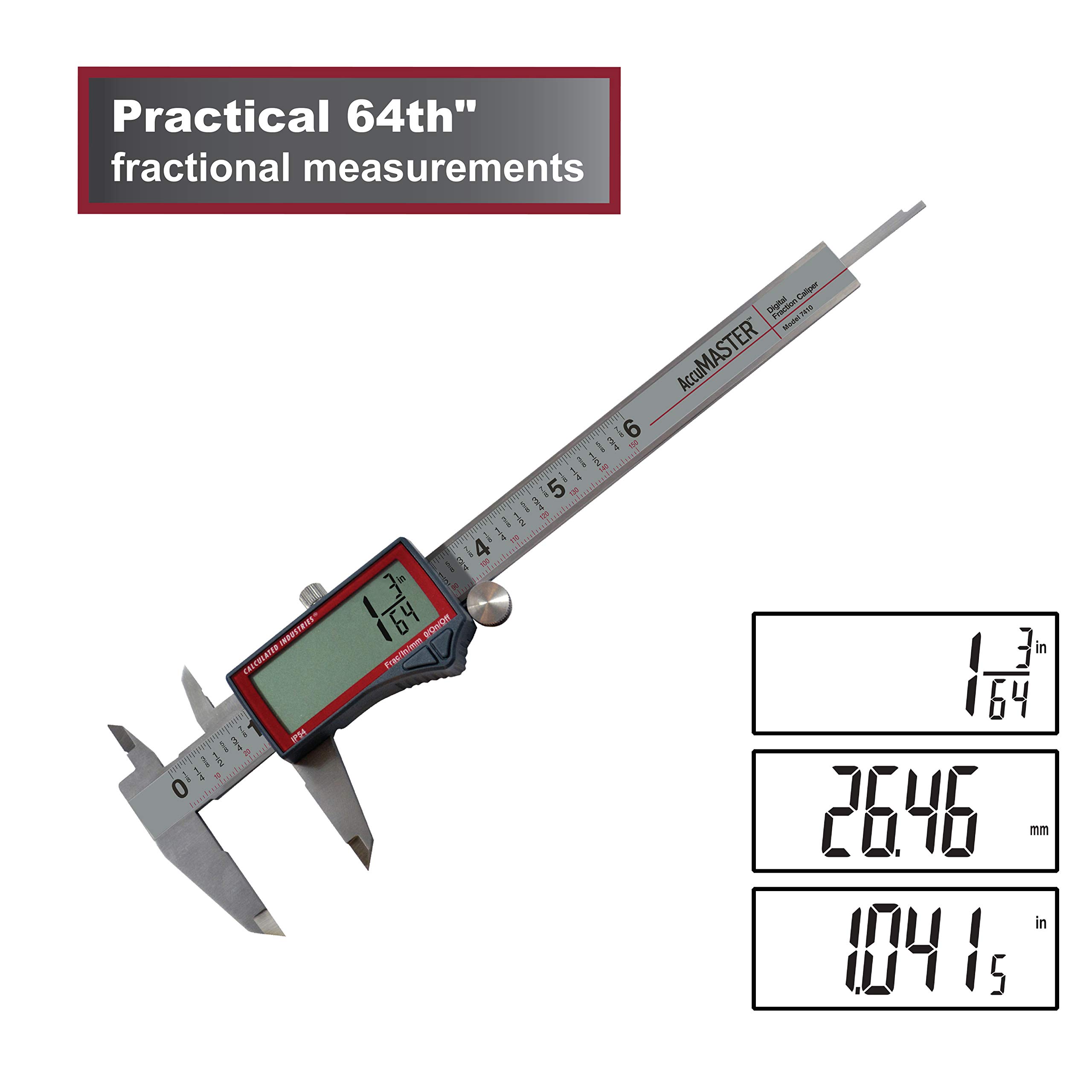 Calculated Industries 7410 AccuMASTER 6-Inch Digital Caliper, Fractional (1/64ths) + Inch + Metric with Largest Display Digits for Woodworkers | Stainless Steel | IP54 Splash/Dust Resistant | Auto-Off