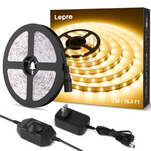 lepro led strip light white, 16.4ft dimmable vanity lights, 3000k super bright led tape lights, 300 leds smd 2835, strong 3m adhesive, suitable for home, kitchen, under cabinet, bedroom, warm white