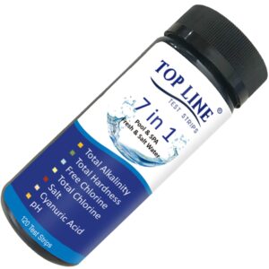 top line - 7 way pool test strips (120 strips) - hot tub test strips - spa test strips - fresh & saltwater pool test strips - test: ph, chlorine, cyanuric acid, hardness, salt & more (pool 7-1)