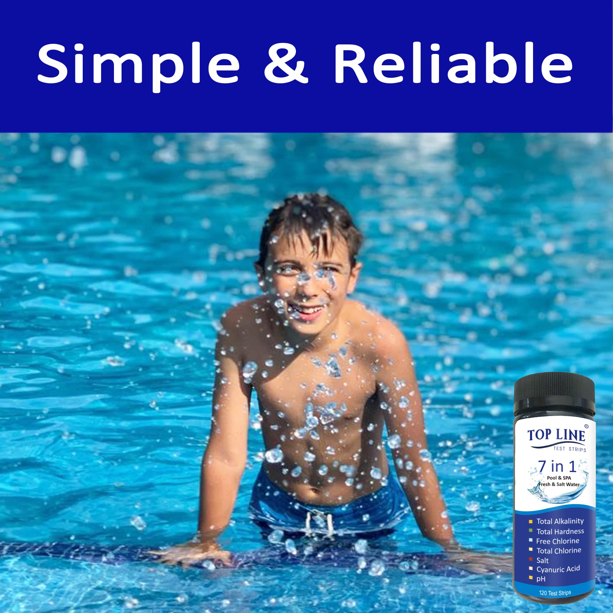 Top Line - 7 Way Pool Test Strips (120 Strips) - Hot Tub Test Strips - Spa Test Strips - Fresh & Saltwater Pool Test Strips - Test: pH, Chlorine, Cyanuric Acid, Hardness, Salt & More (Pool 7-1)