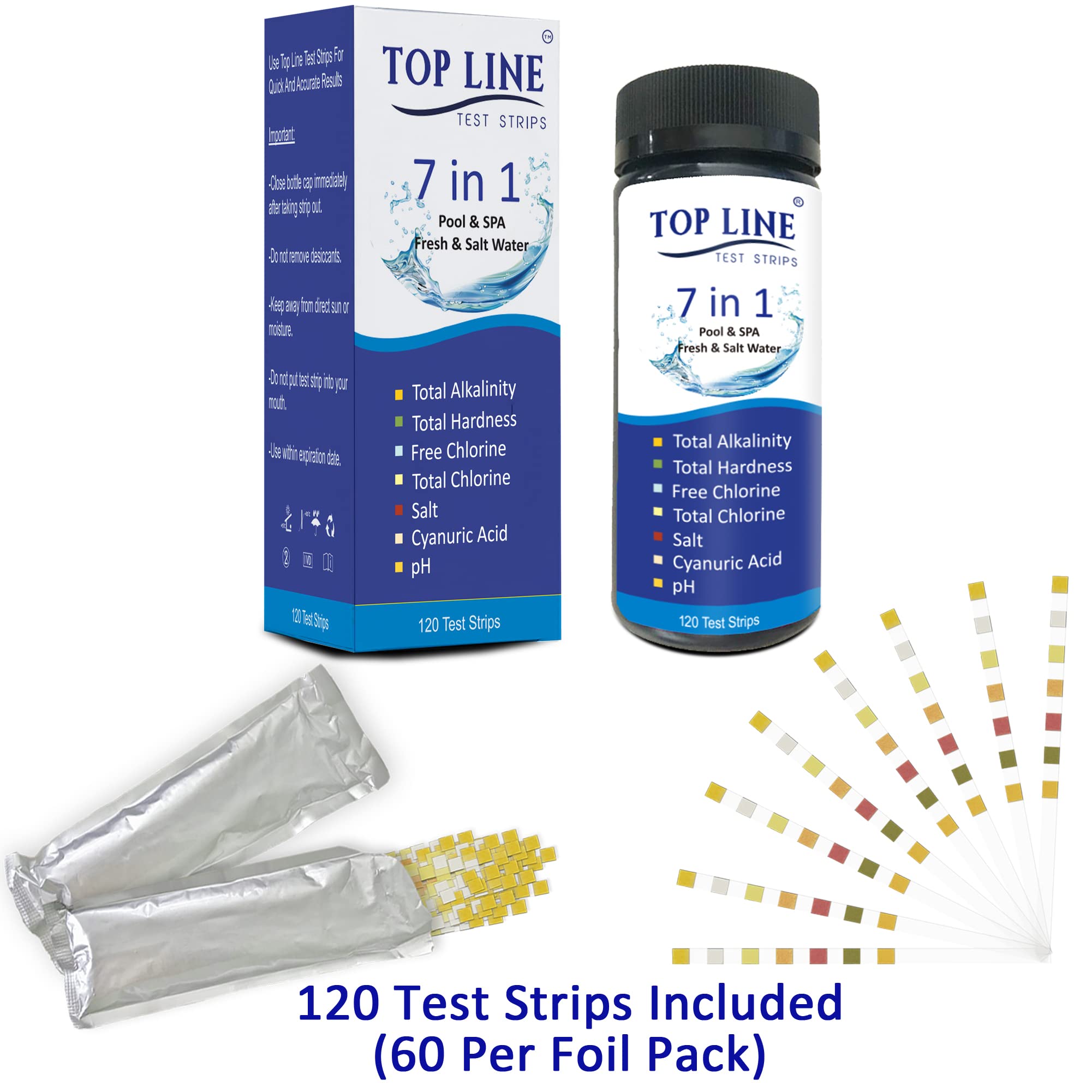 Top Line - 7 Way Pool Test Strips (120 Strips) - Hot Tub Test Strips - Spa Test Strips - Fresh & Saltwater Pool Test Strips - Test: pH, Chlorine, Cyanuric Acid, Hardness, Salt & More (Pool 7-1)