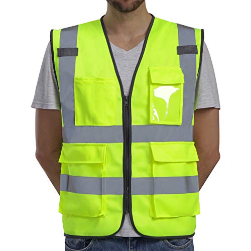 Dib Safety Vest Reflective ANSI Class 2, High Visibility Vest with Pockets and Zipper, Construction Work Vest Hi Vis Yellow L