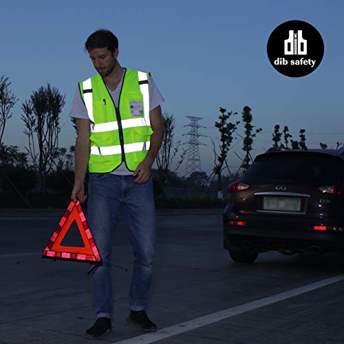 Dib Safety Vest Reflective ANSI Class 2, High Visibility Vest with Pockets and Zipper, Construction Work Vest Hi Vis Yellow L