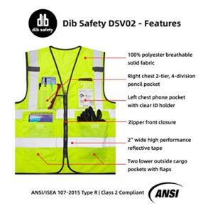 Dib Safety Vest Reflective ANSI Class 2, High Visibility Vest with Pockets and Zipper, Construction Work Vest Hi Vis Yellow L