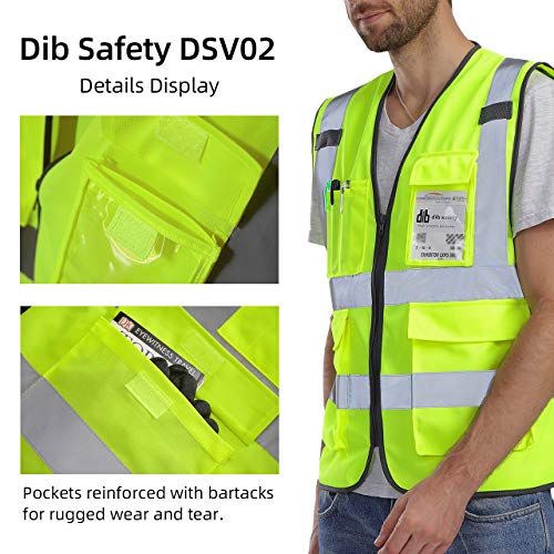 Dib Safety Vest Reflective ANSI Class 2, High Visibility Vest with Pockets and Zipper, Construction Work Vest Hi Vis Yellow L