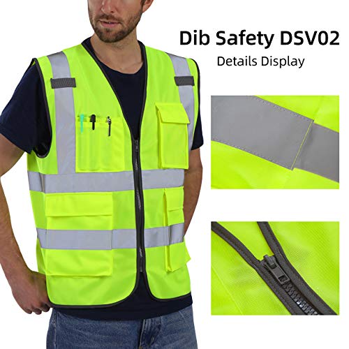 Dib Safety Vest Reflective ANSI Class 2, High Visibility Vest with Pockets and Zipper, Construction Work Vest Hi Vis Yellow L