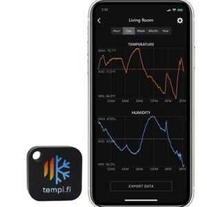 tempi.fi Mini Wireless Temperature and Humidity Sensor - Developed in The USA - 24/7 Data Logger with Alarm – Bluetooth Smart Thermometer and Hygrometer - Monitor Refrigerator Freezer Pets (T3)