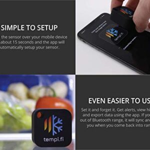 tempi.fi Mini Wireless Temperature and Humidity Sensor - Developed in The USA - 24/7 Data Logger with Alarm – Bluetooth Smart Thermometer and Hygrometer - Monitor Refrigerator Freezer Pets (T3)