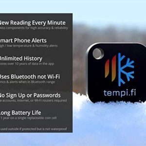 tempi.fi Mini Wireless Temperature and Humidity Sensor - Developed in The USA - 24/7 Data Logger with Alarm – Bluetooth Smart Thermometer and Hygrometer - Monitor Refrigerator Freezer Pets (T3)