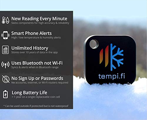 tempi.fi Mini Wireless Temperature and Humidity Sensor - Developed in The USA - 24/7 Data Logger with Alarm – Bluetooth Smart Thermometer and Hygrometer - Monitor Refrigerator Freezer Pets (T3)