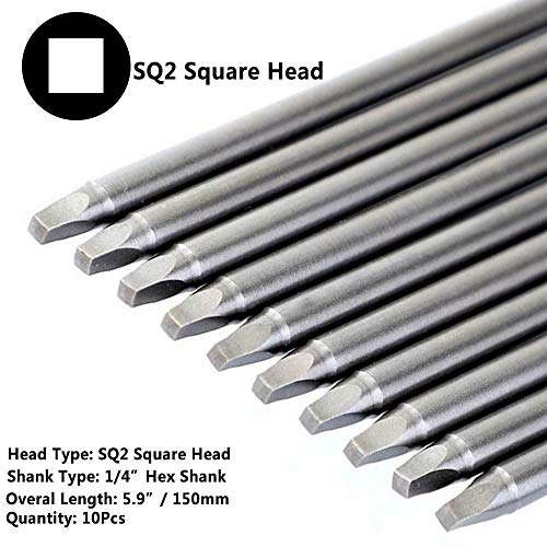 Yakamoz 10pcs 1/4-Inch Shank Long Magnetic Square Head Screwdriver Bit Set SQ2 Square Driver Bits Power Tools 5.9 Inch Length