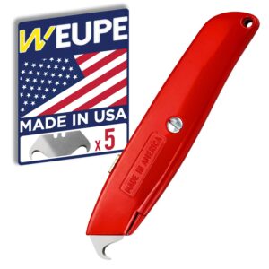 weupe hook blade utility knife with 5 utility hook blades, carpet knife, shingle cutter roofing knife, made in usa