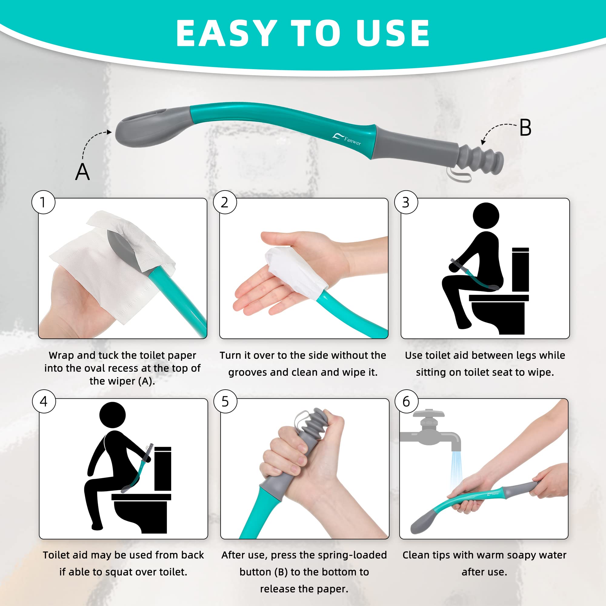 Fanwer Toilet Aids Kit for Wiping - 15" Long Reach Comfort Wipe and Curve Brush, for Wiping It Yourself, Ideal Bathroom Aid for Limited Mobility