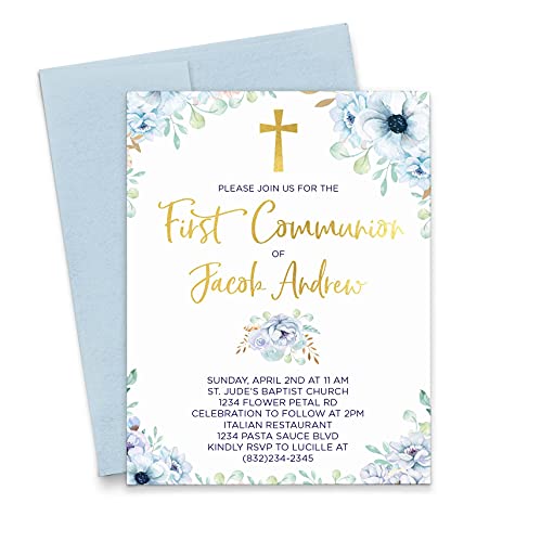 Elegant First Communion Invitations for Boys, Blue Florals First Holy Communion Invites, Your choice of Quantity and Envelope Color