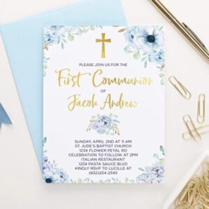 Elegant First Communion Invitations for Boys, Blue Florals First Holy Communion Invites, Your choice of Quantity and Envelope Color