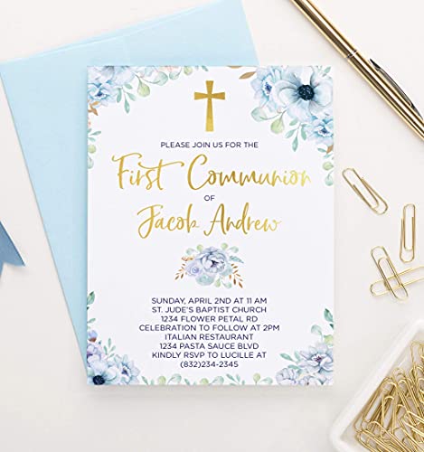 Elegant First Communion Invitations for Boys, Blue Florals First Holy Communion Invites, Your choice of Quantity and Envelope Color