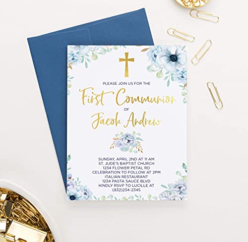 Elegant First Communion Invitations for Boys, Blue Florals First Holy Communion Invites, Your choice of Quantity and Envelope Color