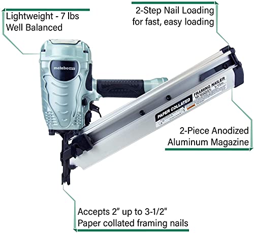 Metabo HPT NR90ADS1 Pneumatic Framing Nailer, 2" up to 3-1/2" Paper Collated Nails .113 - .148, Tool-less Depth Adjustment, 30 Degree Magazine, Selective Actuation Switch (Renewed)