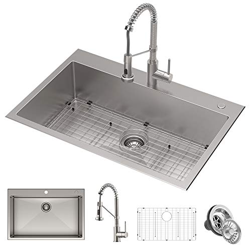 Kraus KCA-1102 Stark Dual Mount Drop Sink and Pull-Down Commercial Kitchen Faucet Combo in Stainless Steel Finish, 33"- Single Bowl