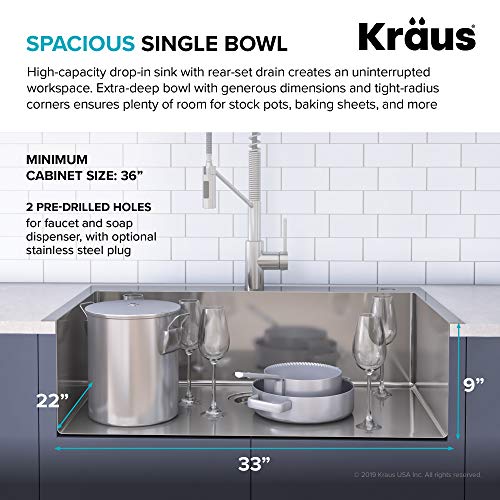 Kraus KCA-1102 Stark Dual Mount Drop Sink and Pull-Down Commercial Kitchen Faucet Combo in Stainless Steel Finish, 33"- Single Bowl